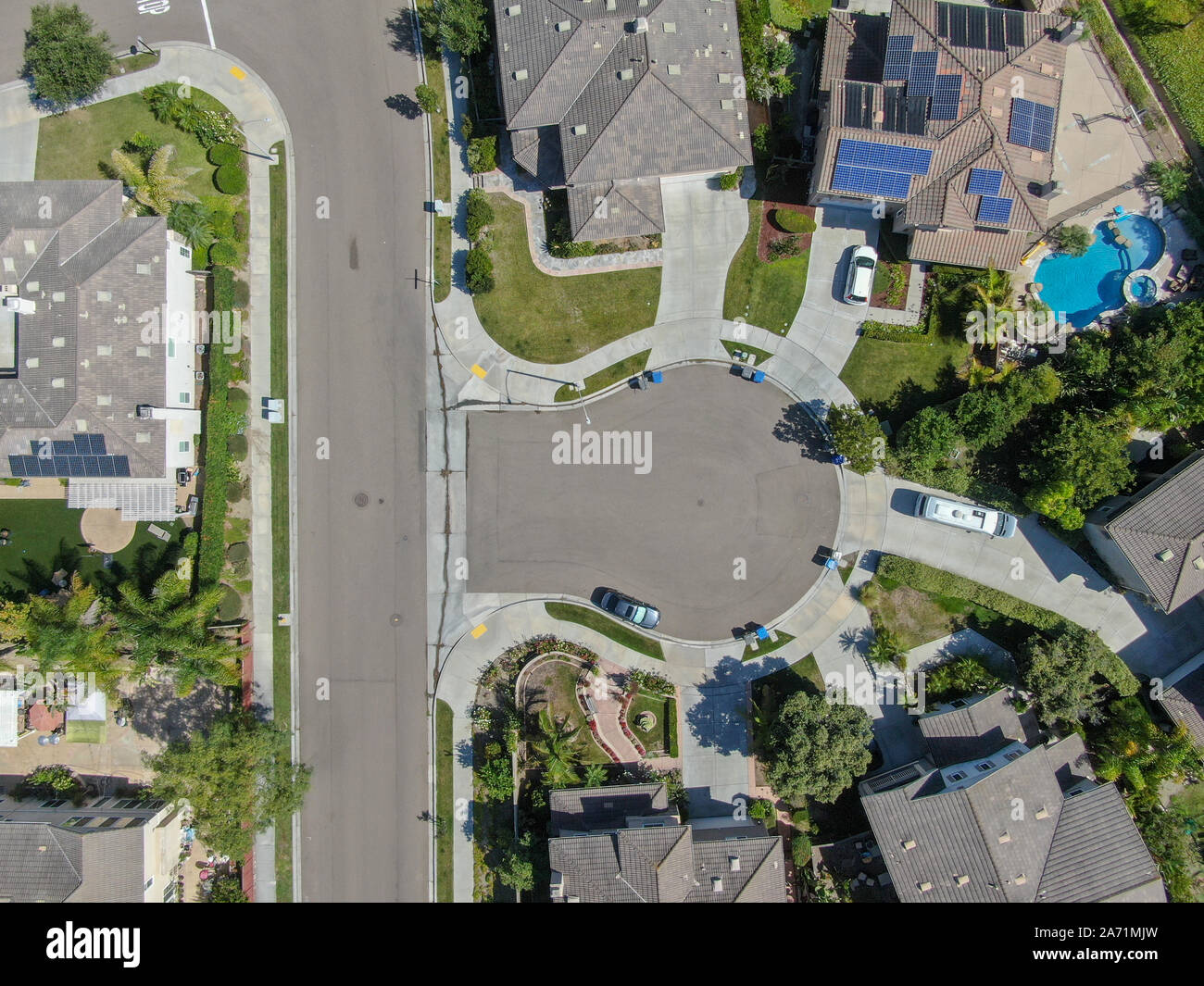 Aerial top view suburban neighborhood with big villas next to each ...