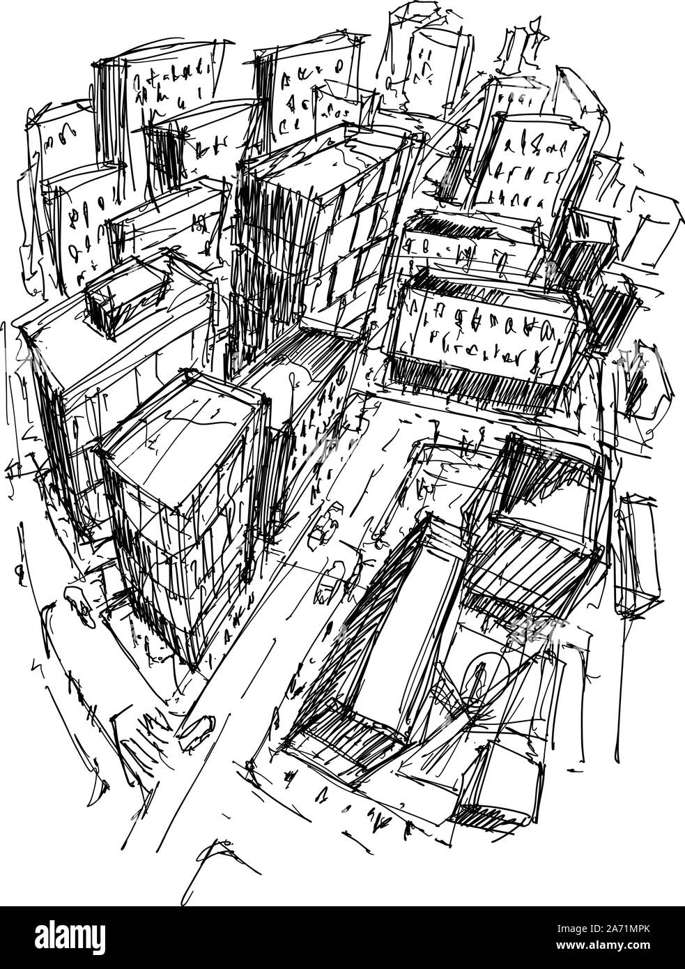 hand drawn architectural sketch of a modern city with high buildings ...