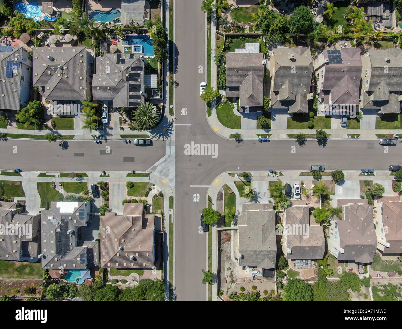 Aerial top view suburban neighborhood with big villas next to each ...