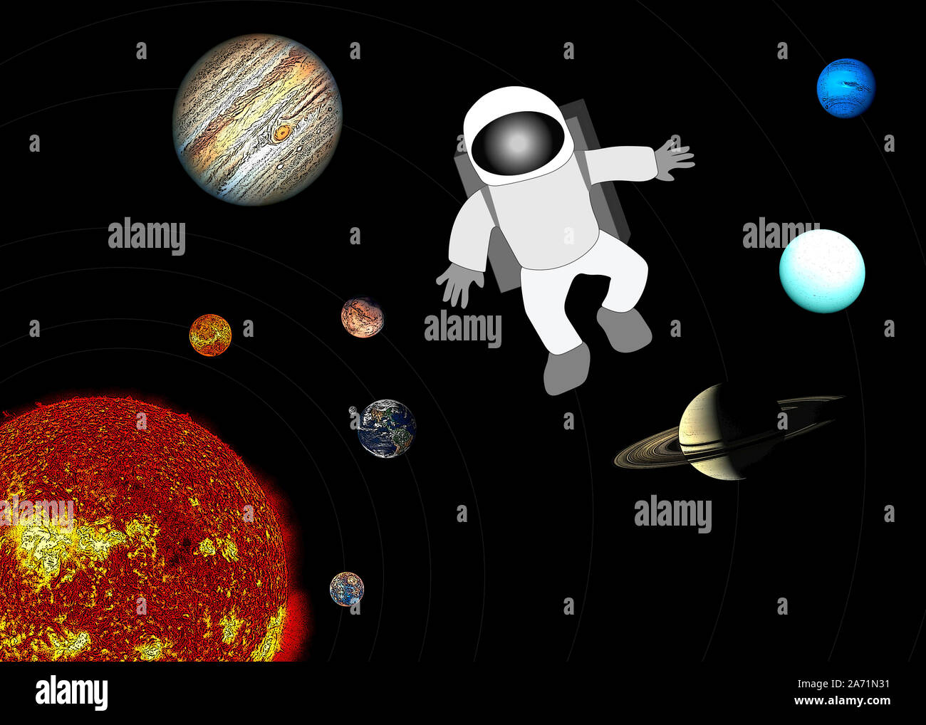 Astronaut floating in Solar System with sun and planets in orbit on ...
