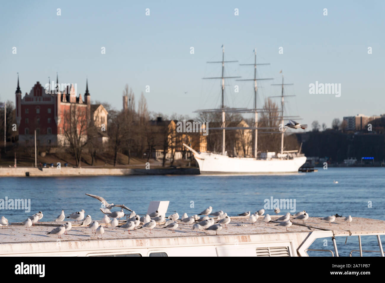 Historical monument and big sailing boat on the background with ...
