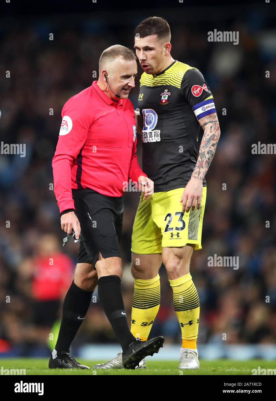 Southampton's Pierre-Emile Hojbjerg speaks to referee Jonathan Moss ...