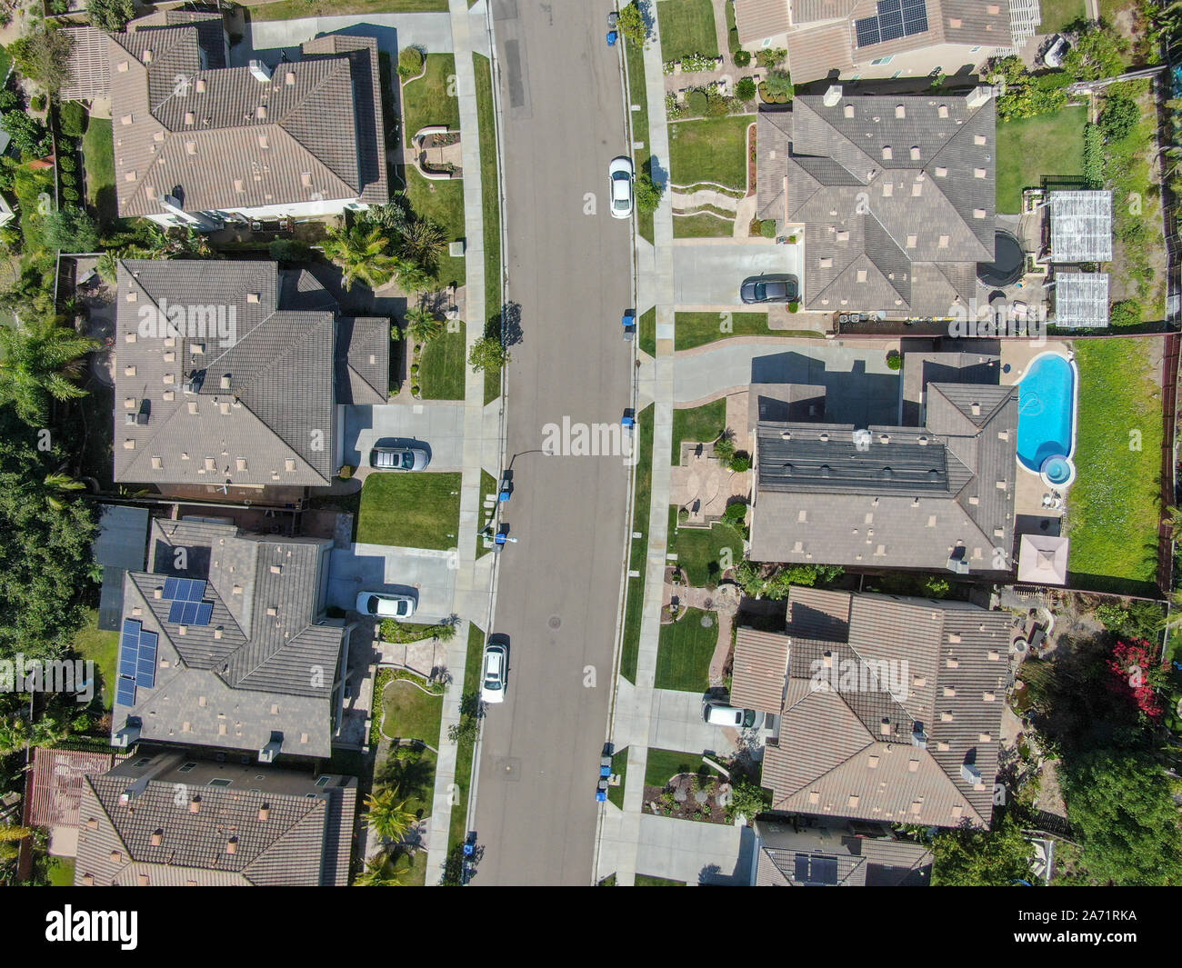 Aerial top view suburban neighborhood with big villas next to each ...