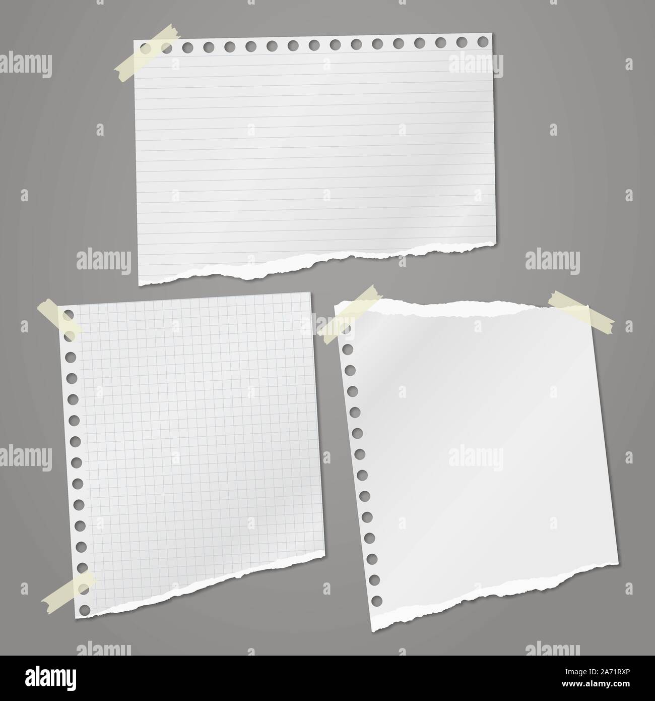Torn white, squared and lined note, notebook paper pieces stuck with ...