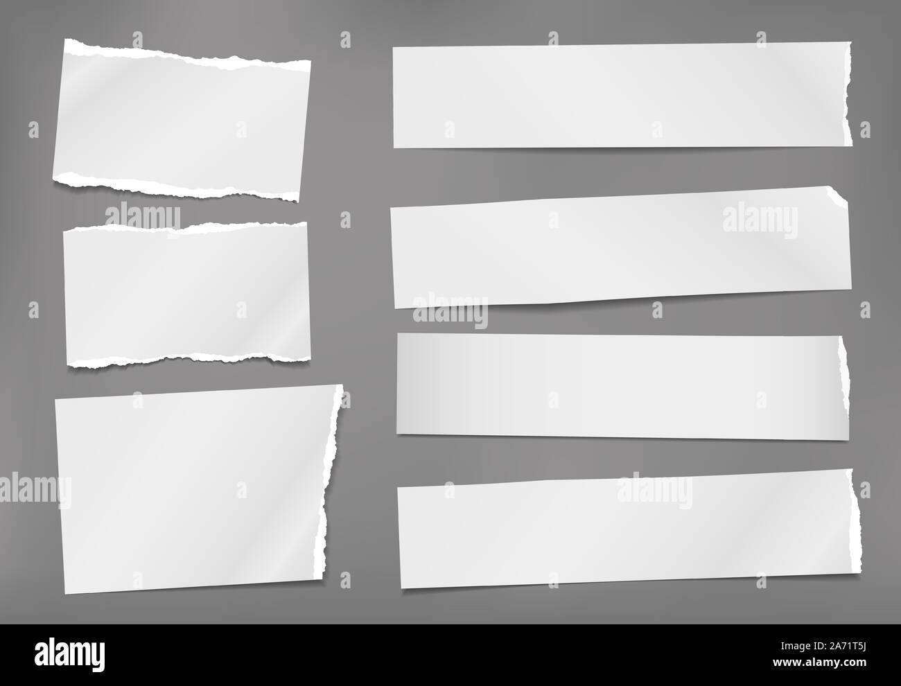 Set of torn white note, notebook paper strips and pieces with soft ...