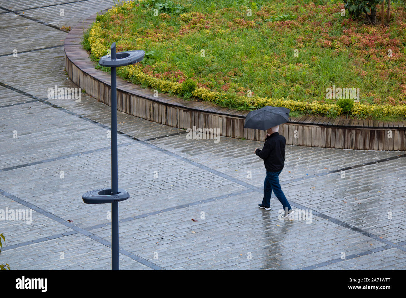 Man walking in the park in rainy weather photographed from afar Stock ...