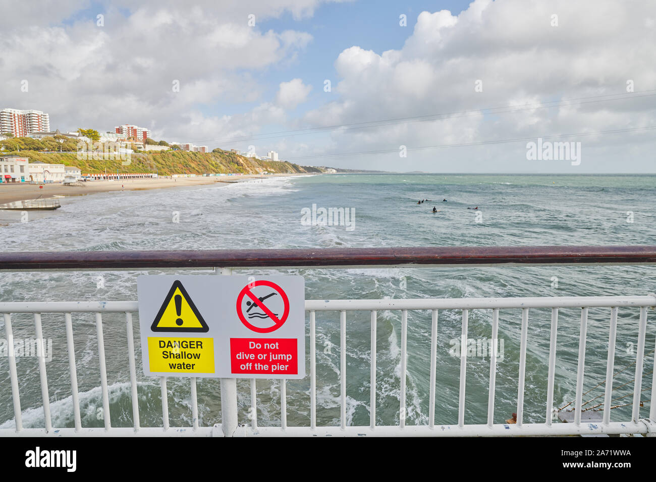 Warning sign at the pier of Bournemouth, England, about the danger of ...