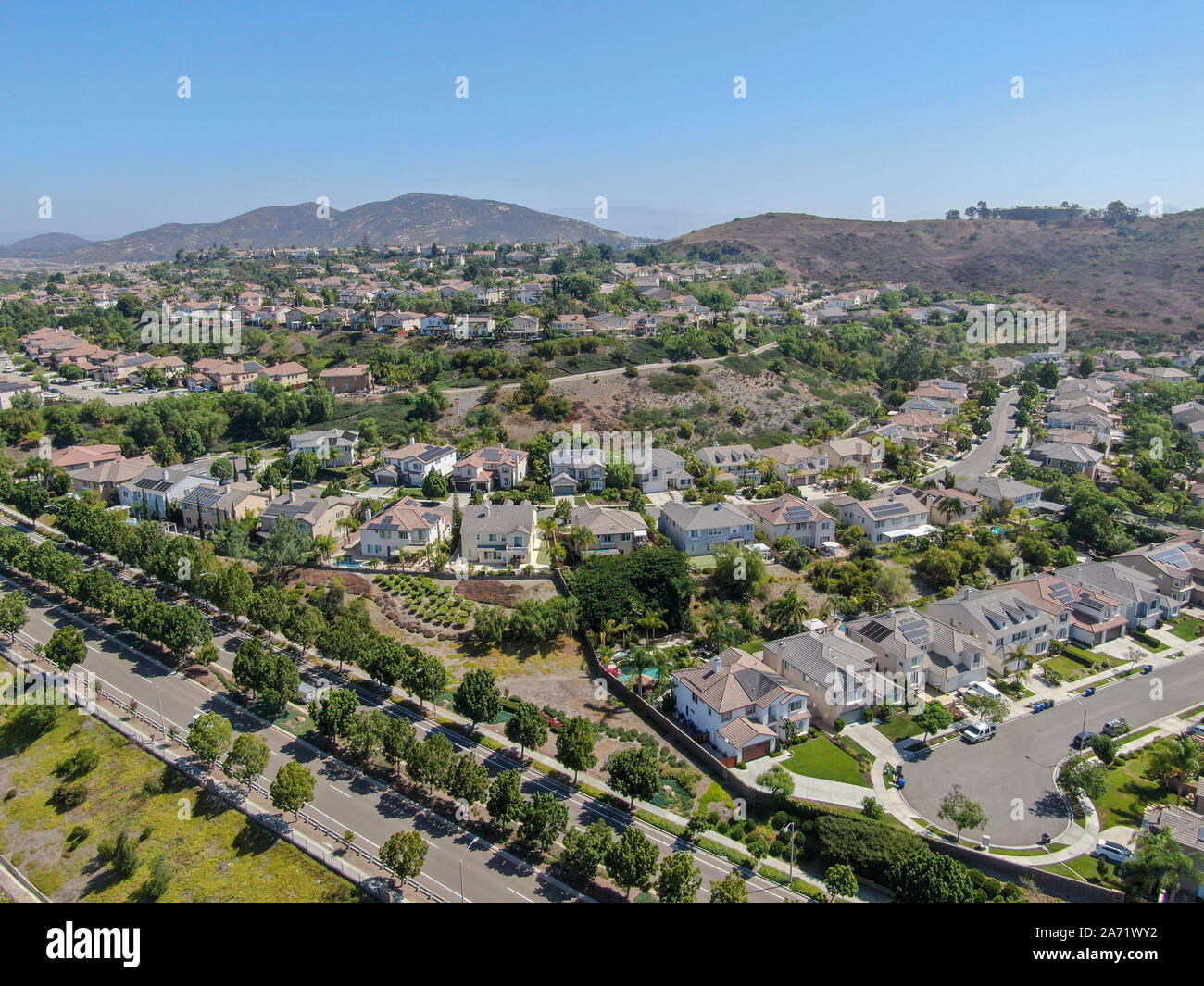 Aerial view suburban neighborhood with big villas next to each other in ...