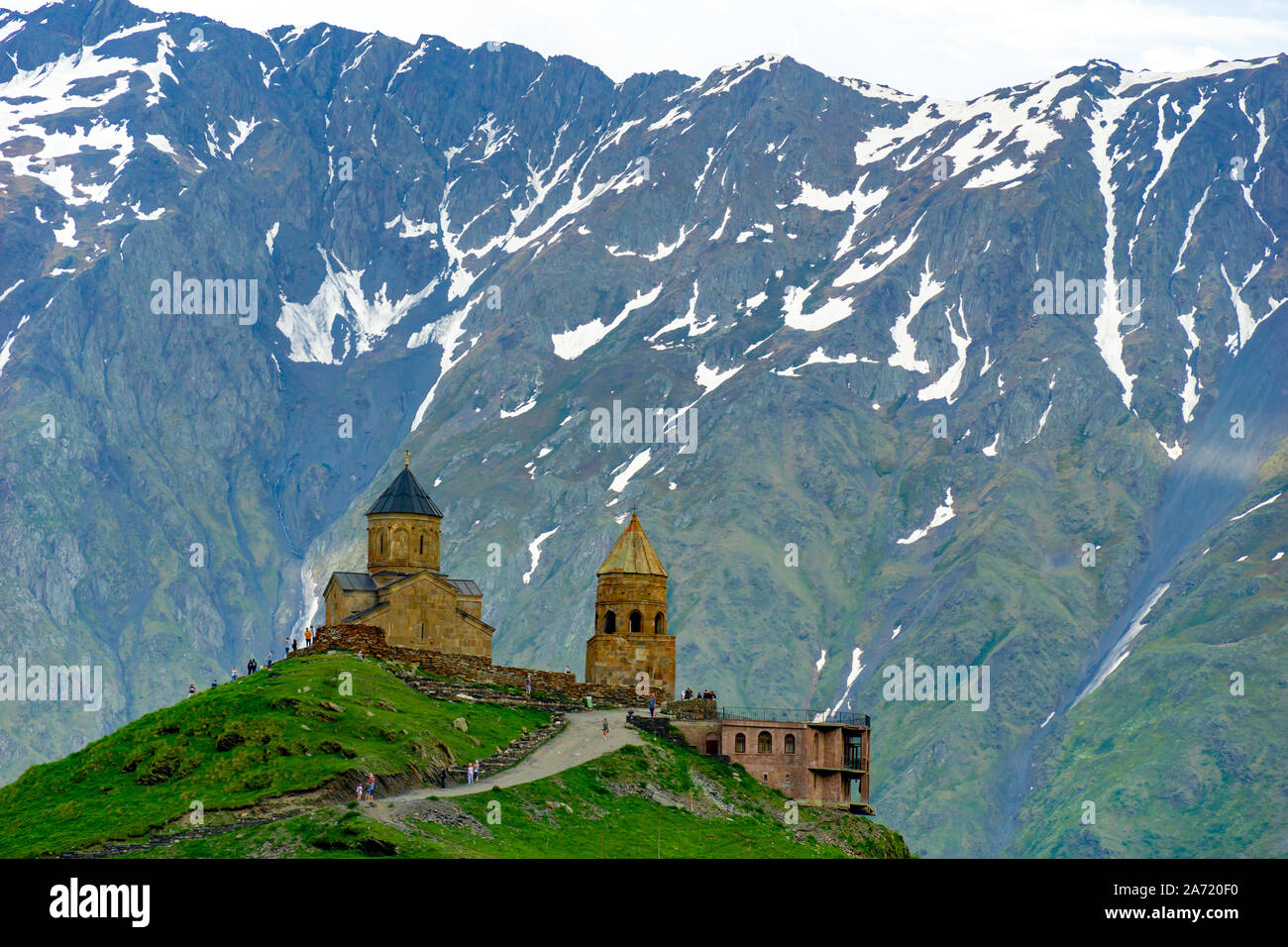 Georgia, Trinity Church on the mountain against the background of rocks ...