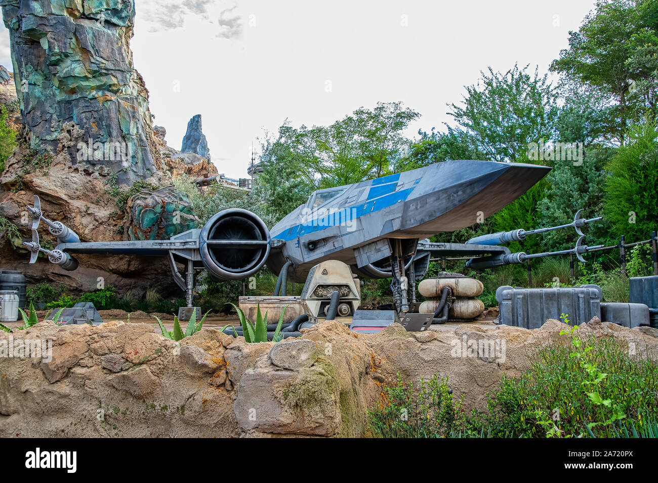 Blue X-Wing fighter ship at Galaxy's Edge Star Wars Land Stock Photo ...