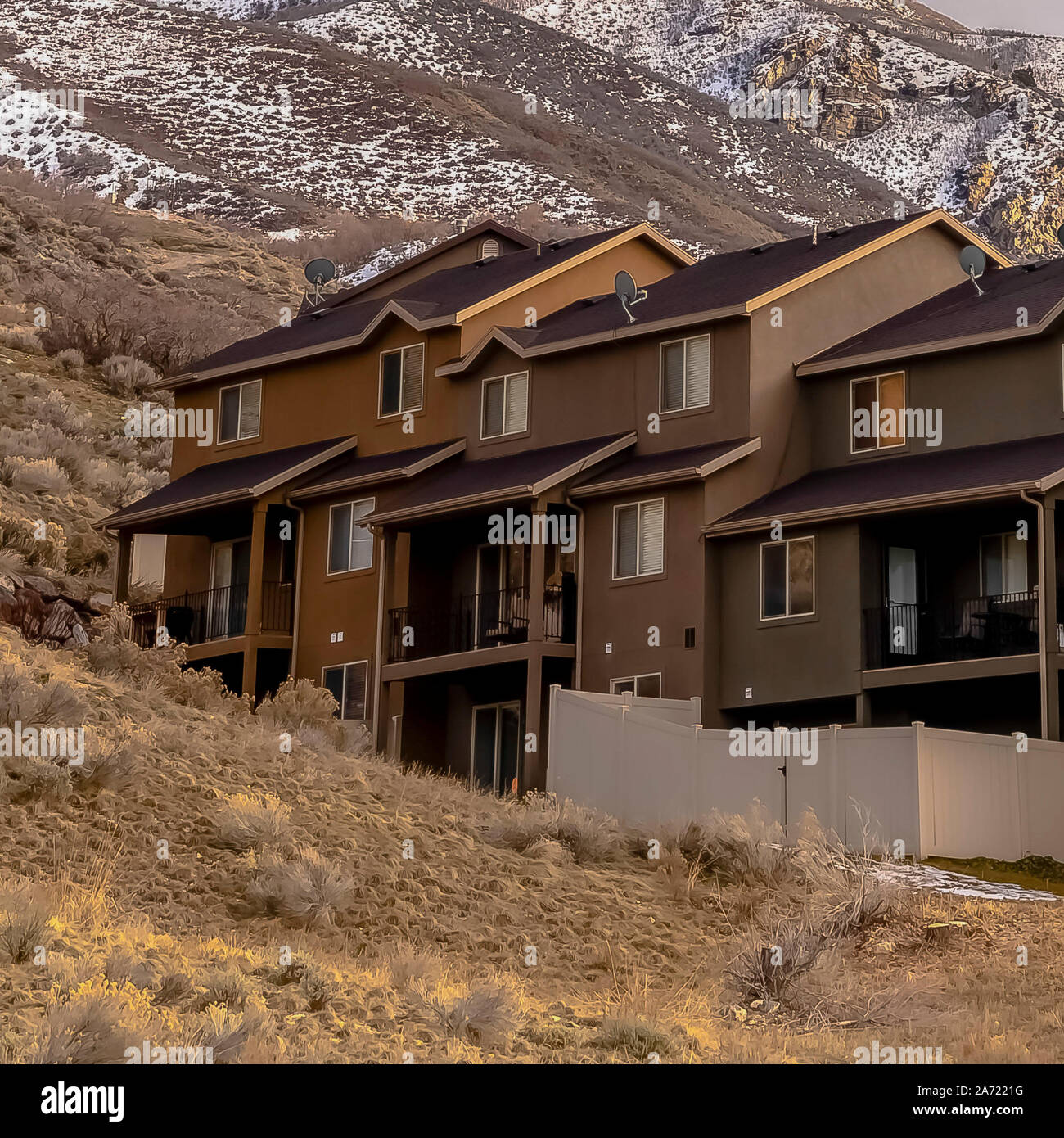 Square frame Cluster housing development on a mountain slope Stock ...