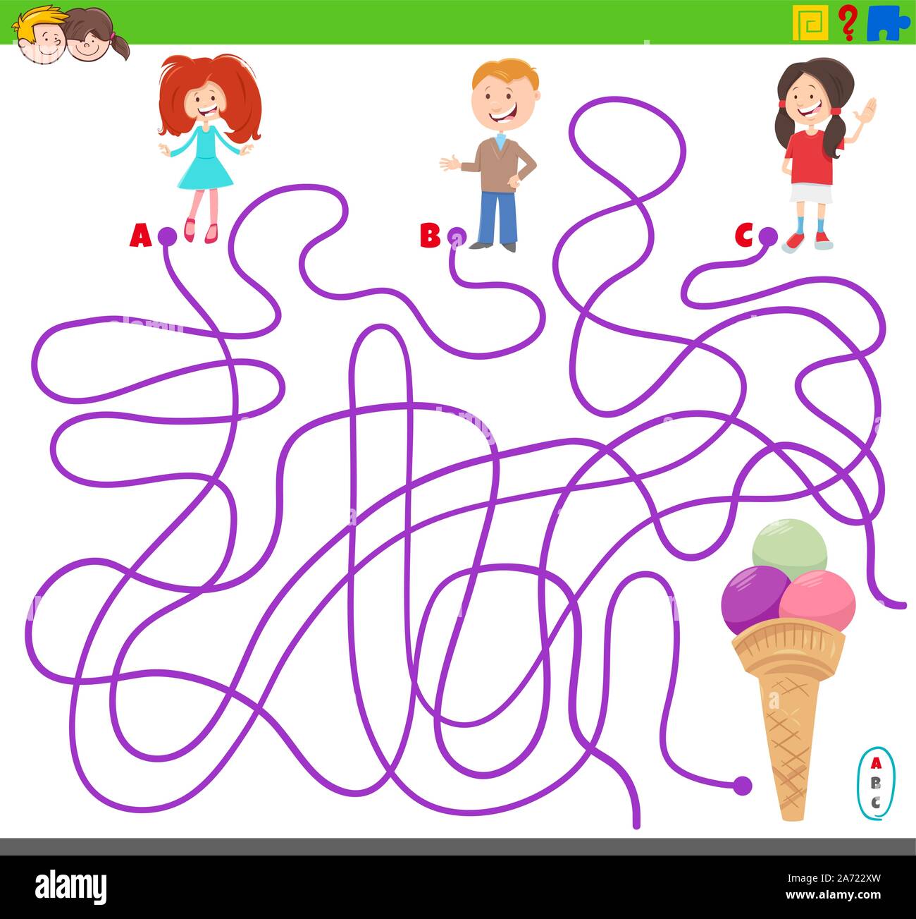 Cartoon Illustration of Lines Maze Puzzle Activity Game with Girls ...