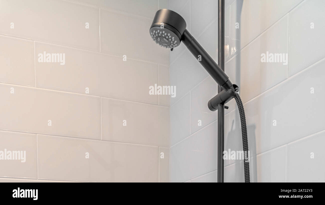 Panorama frame Contemporary white shower with black fittings white tile ...