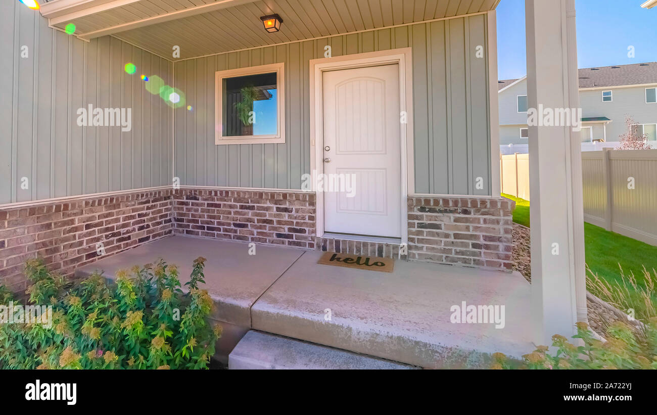 Panorama frame Front door and porch of modern two storey home Stock ...