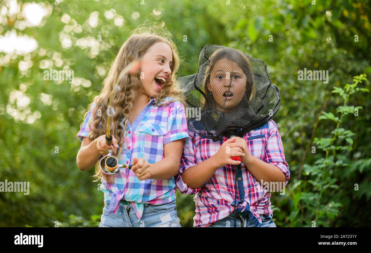 Casting off. having fun. fish angler. two girls fishing. Big game ...