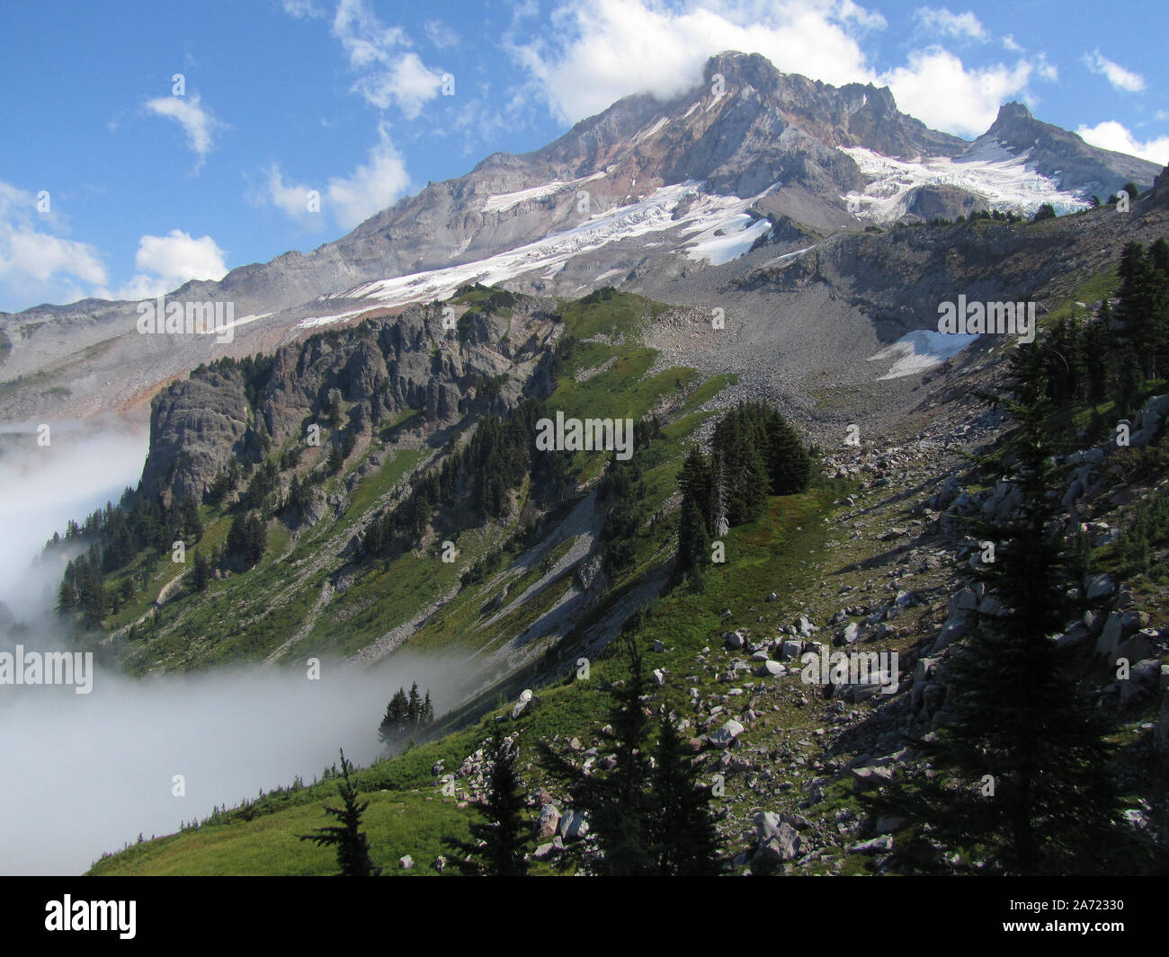 A summer time view of Mt. Hood, Sandy Glacier, Reid Glacier, and ...