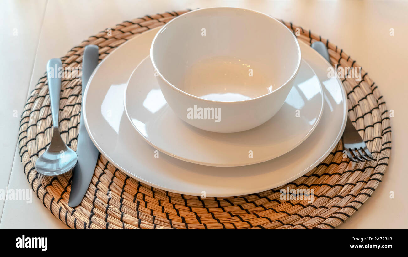 Panorama frame Modern dinner setting with cutlery and crockery Stock ...