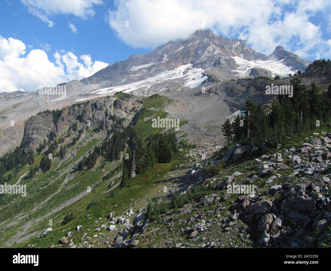 A summer time view of Mt. Hood, Sandy Glacier, Reid Glacier, and ...