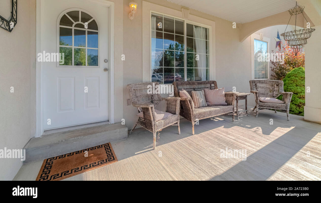 Panorama frame Traditional home porch and deck with no people Stock ...