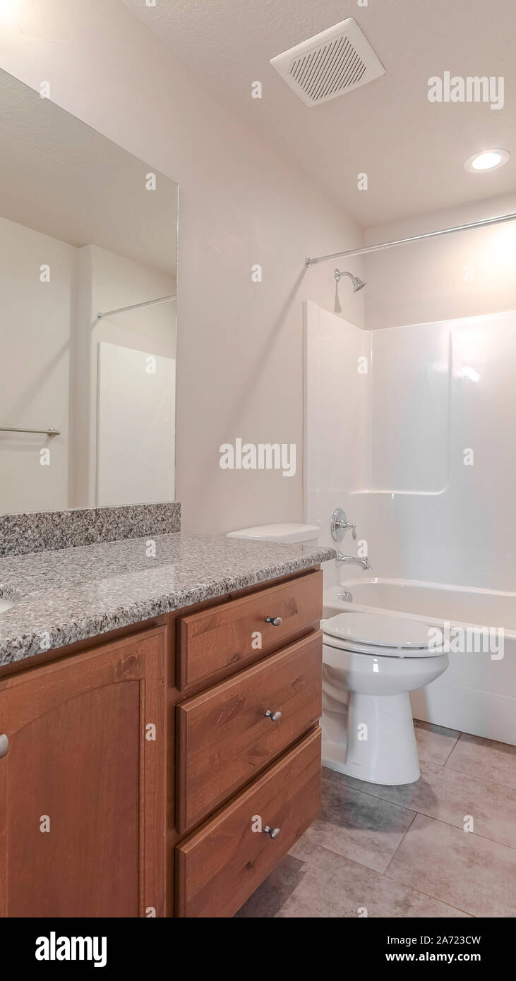 Vertical Interior of a modern bathroom with marble vanity Stock Photo ...