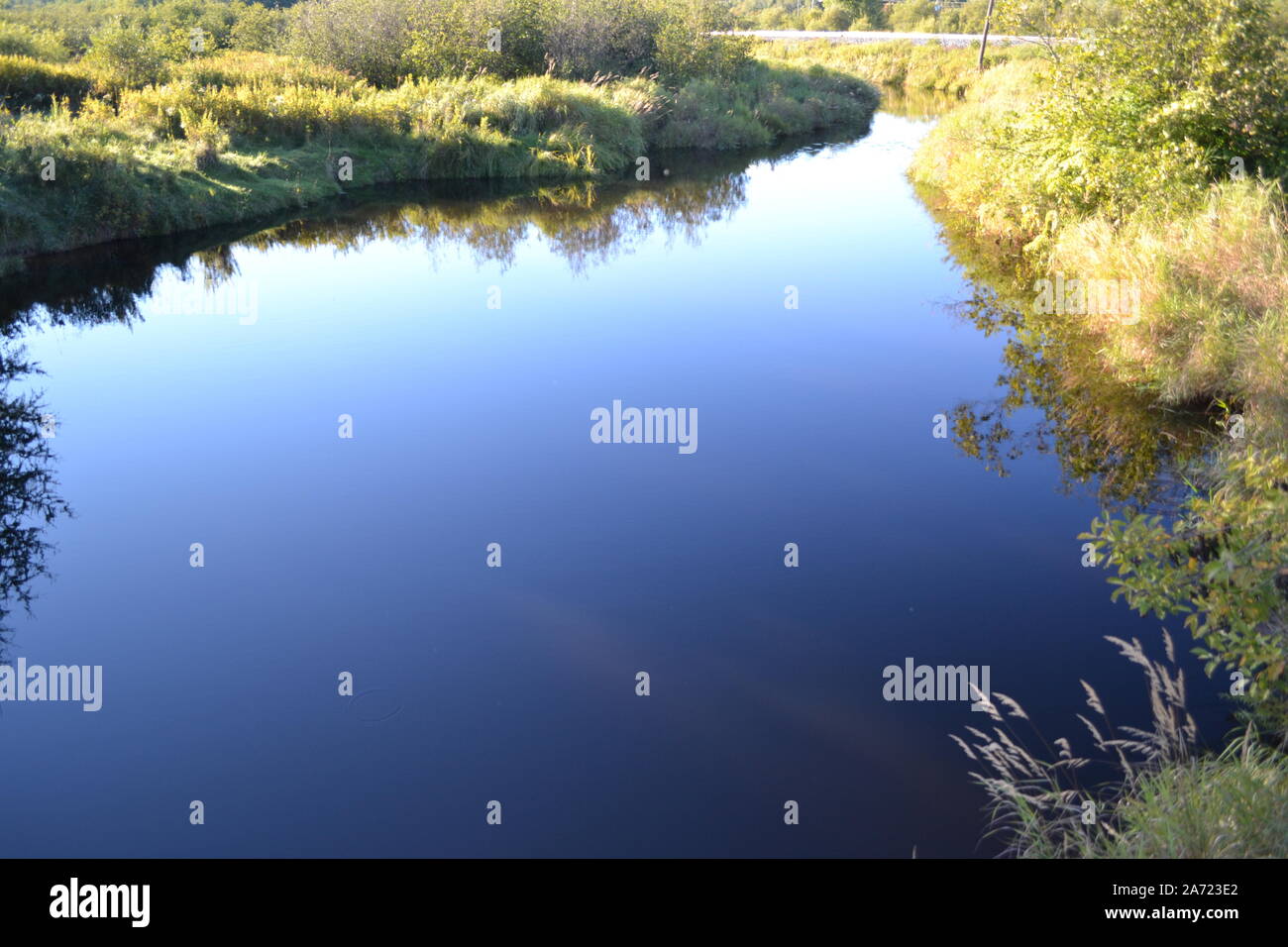 Still. blue water with grassy banks Stock Photo - Alamy