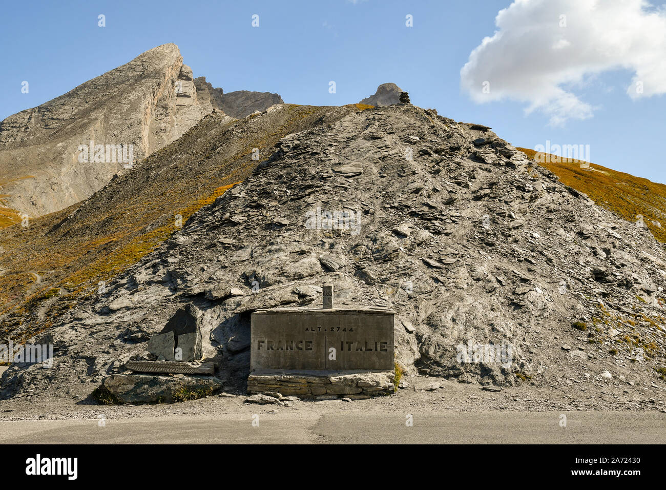 Boundary stone that marks the border between Italy and France at Colle ...