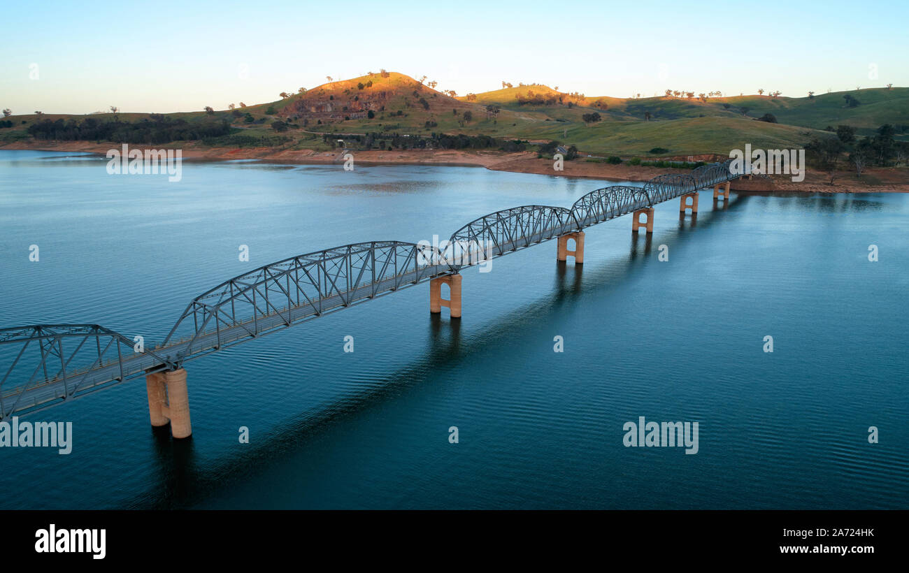 Low altitude aerial of the Bethanga Bridge crossing the Murray River ...