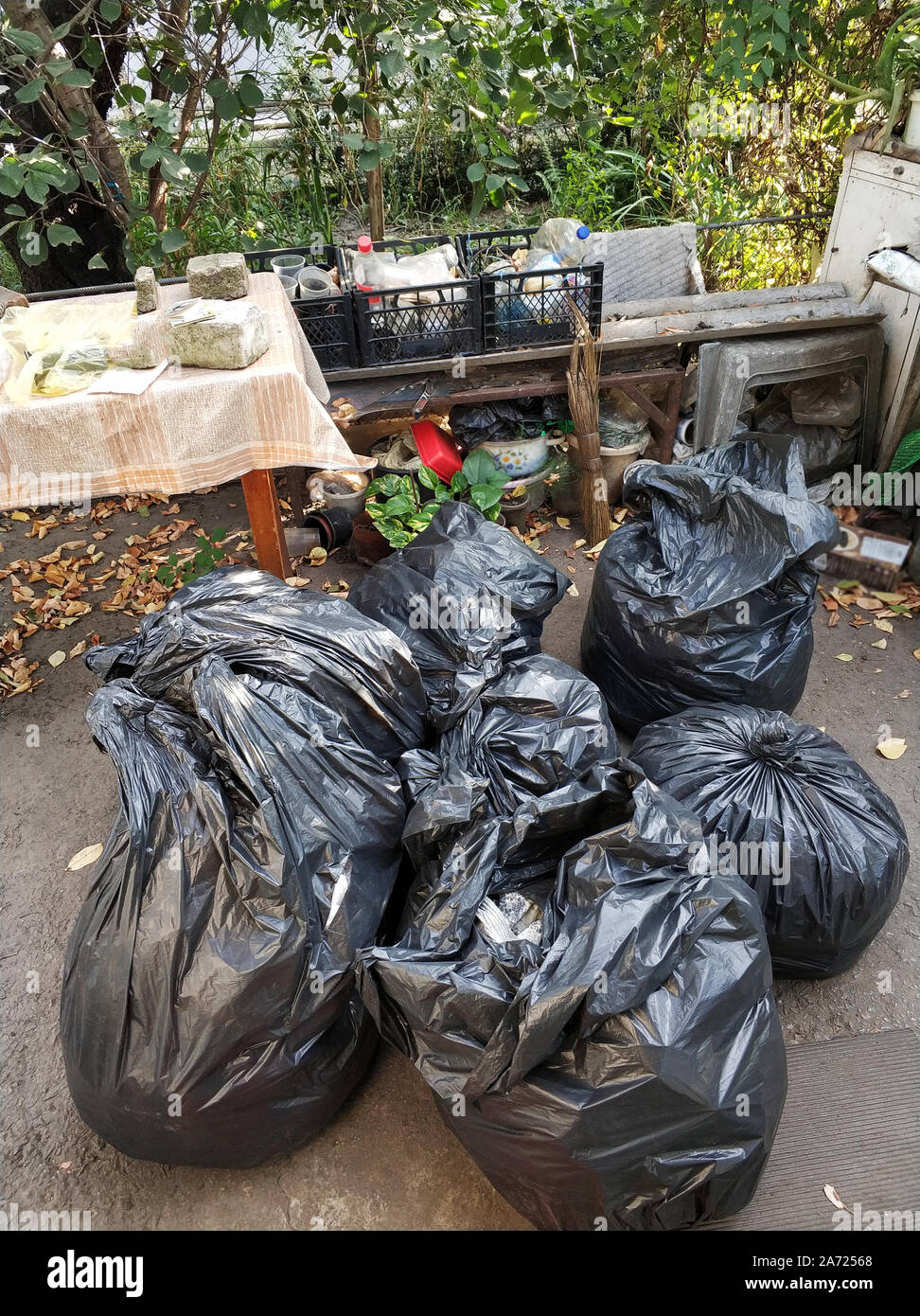 Black bags with trash on the street in the yard Stock Photo - Alamy