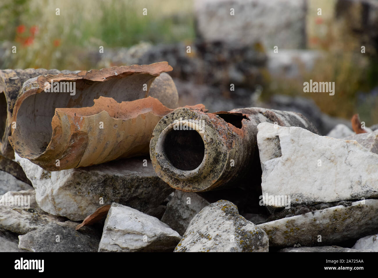 The remains of ancient ceramic pipes from the water supply ...
