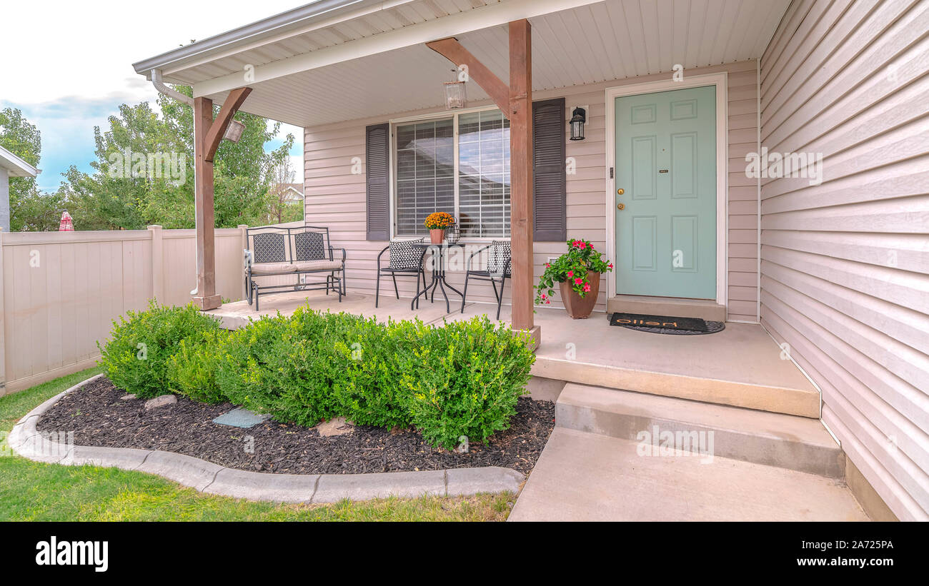 Panorama frame Front porch of modern home with landscaped garden Stock ...
