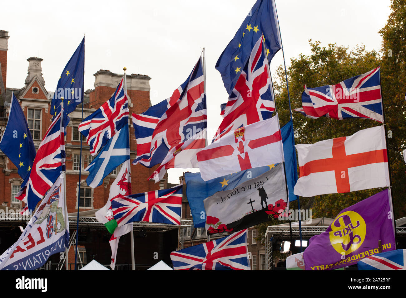 Union jack and brexit flags flying together in london hi-res stock ...