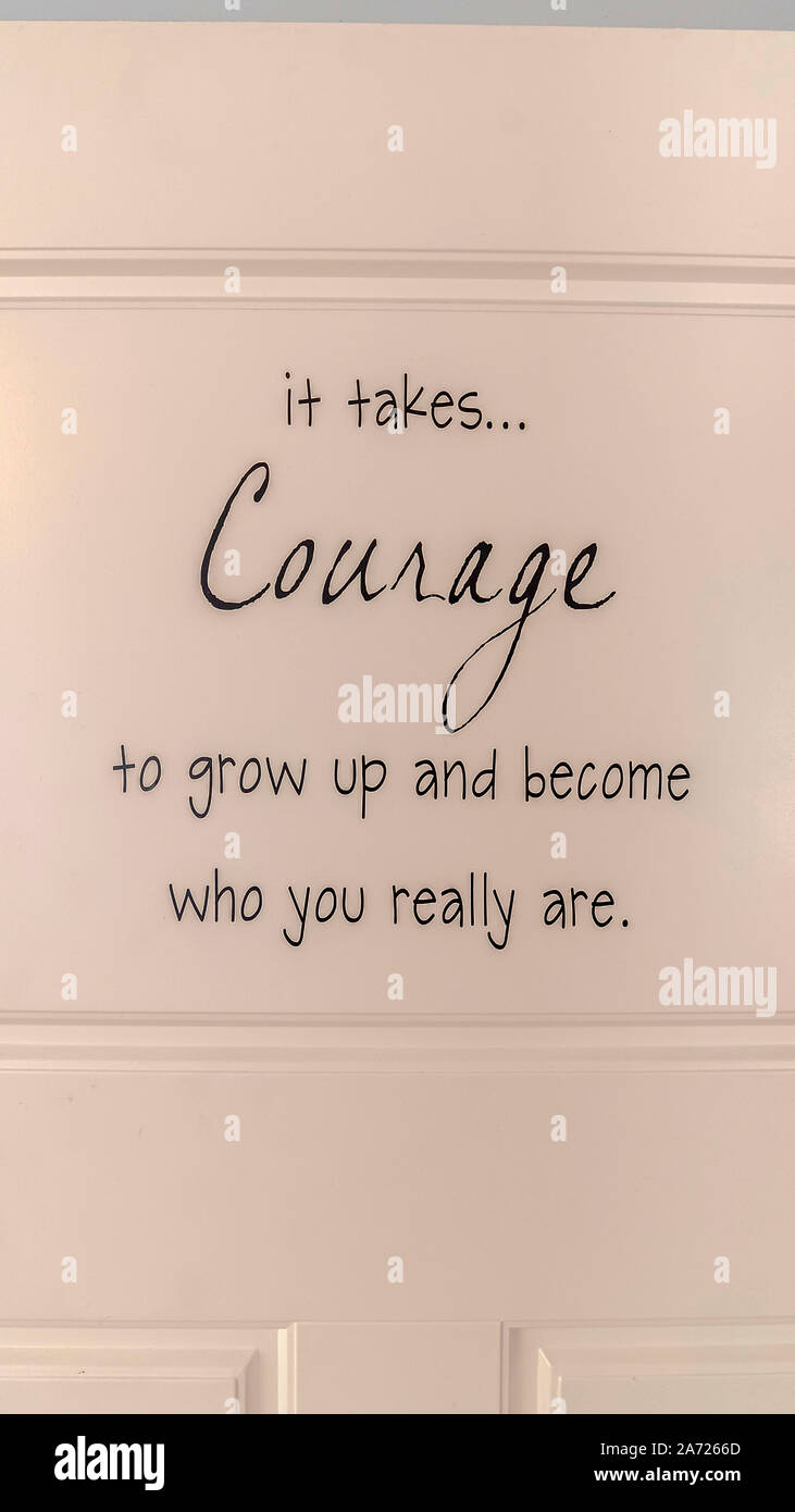 Vertical frame Inspirational courage quote on back home door Stock ...