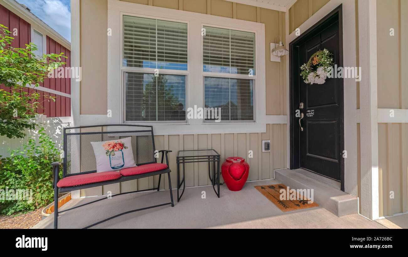 Panorama Front porch and door of traditional suburban home Stock Photo ...
