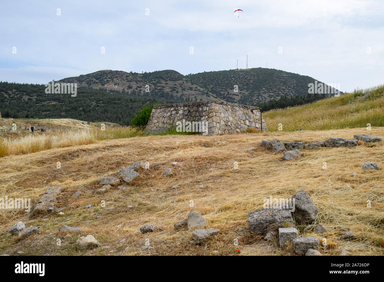 remains of the ancient antique buildings of Hierapolis from limestone ...