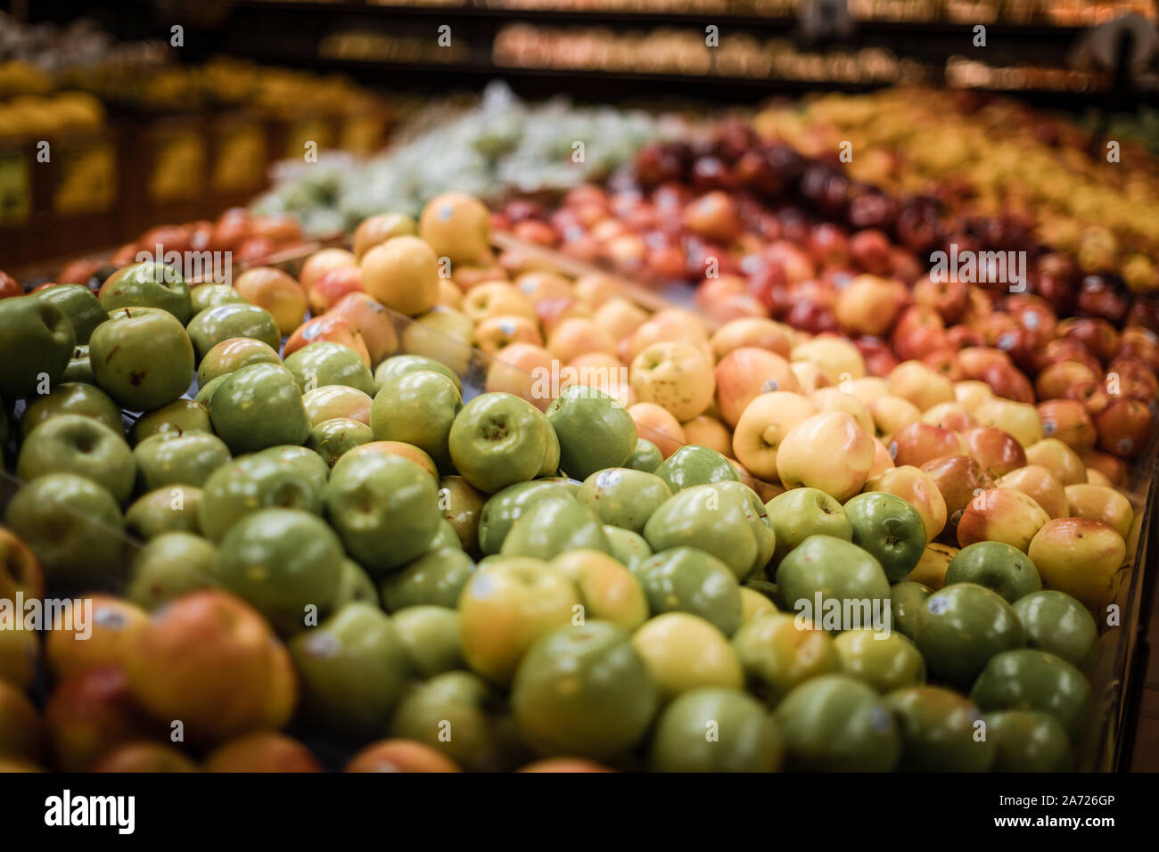 Colorful Display Of Apples In Fruit Market. Concept of healthy food ...