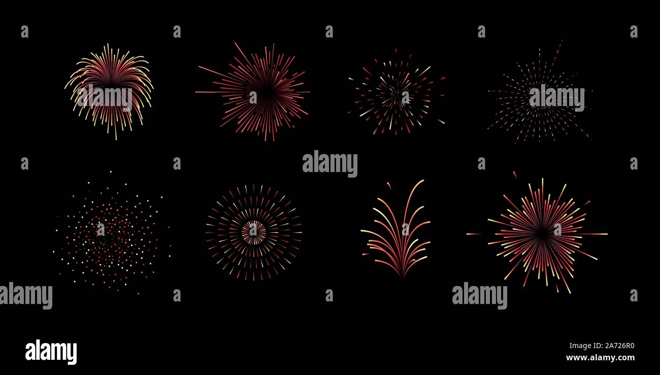 Collection or set of eight fireworks vectors icons in different ...