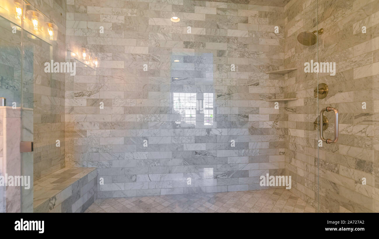 Panorama frame Interior of contemporary shower with stone tiles Stock ...
