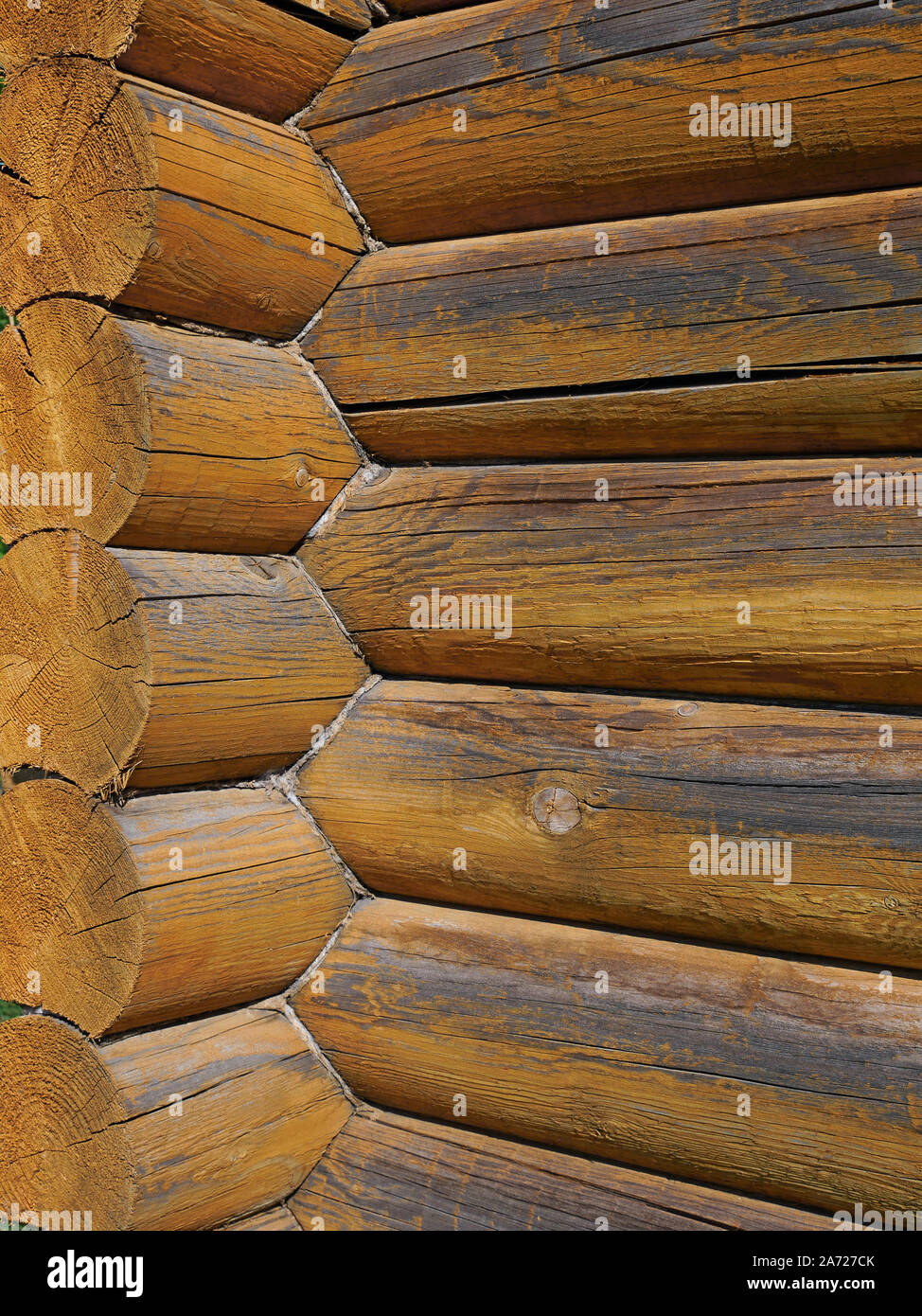 Coner with big parallel wooden logs of pine outside, traditional ...
