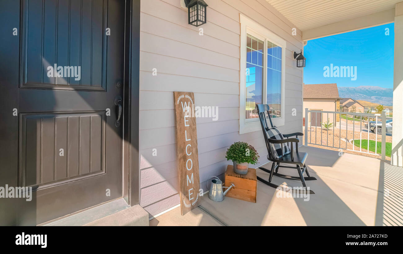 Panorama frame Front porch and door of traditional suburban home Stock ...