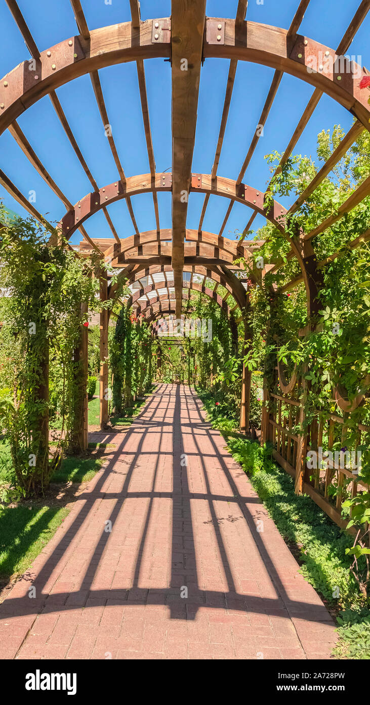 Vertical Stine brick pathway under a wooden arbor at a wedding venue on ...