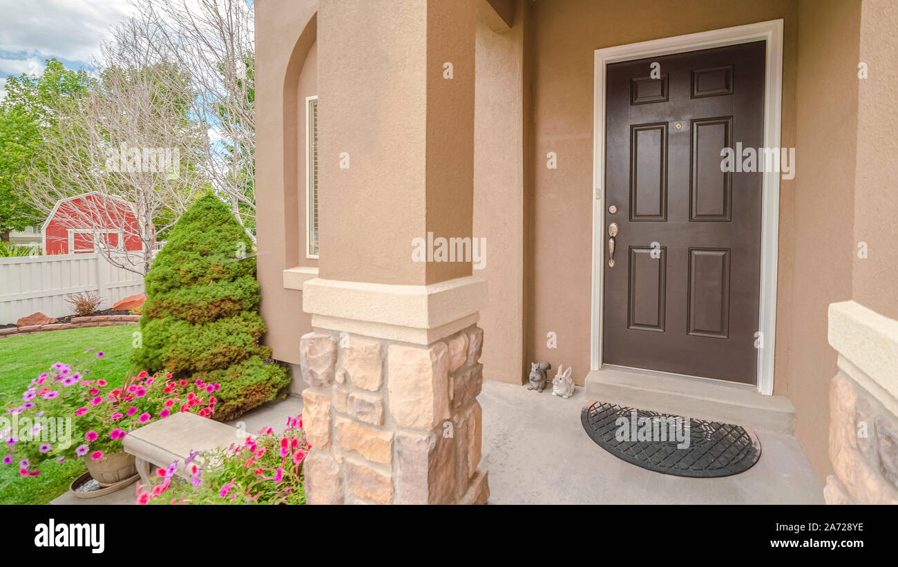 Panorama frame Porch and front door of modern house with garden Stock ...