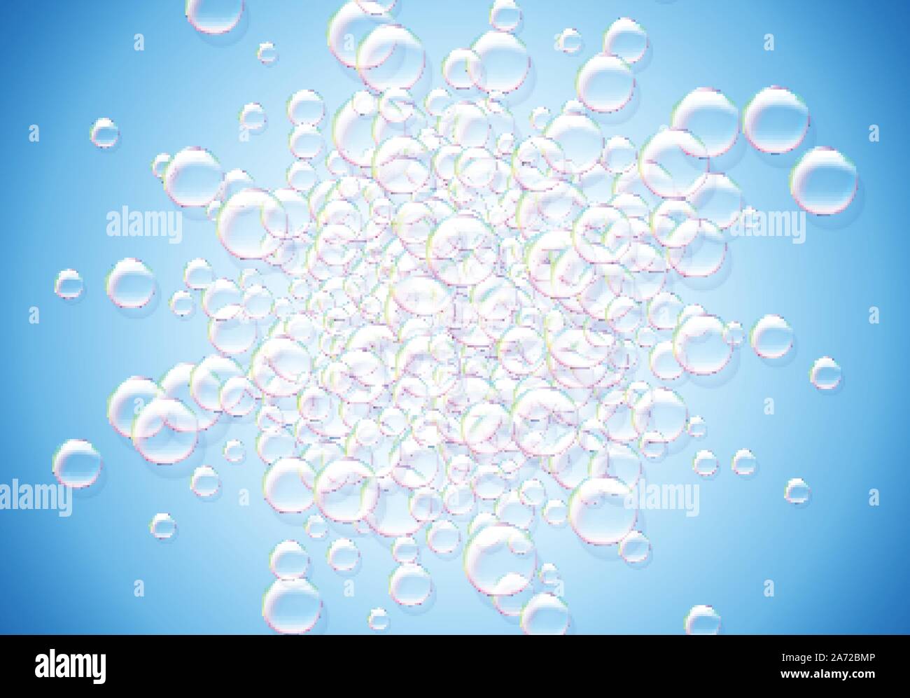 Soap bubbles abstract blue background with rainbow colored airy foam ...