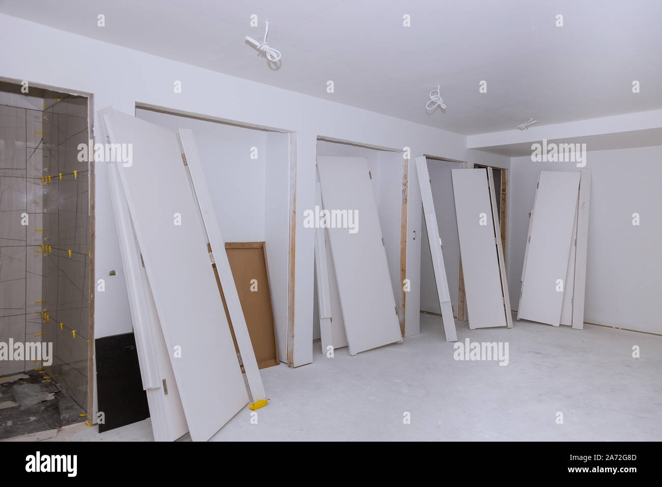 Under construction door for a remodeling new home installing material ...