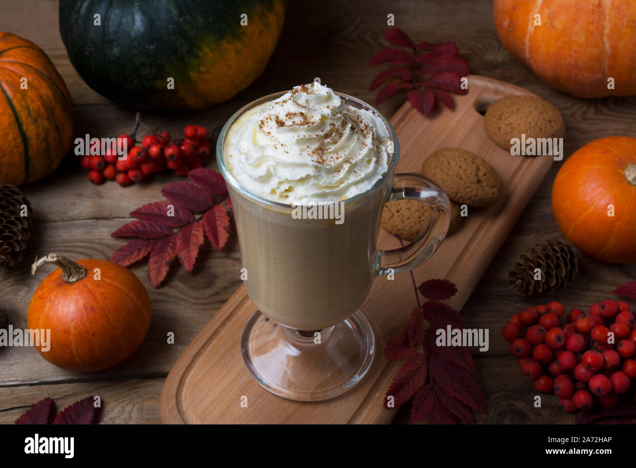 Thanksgiving homemade pumpkin spice coffee latte with whipped cream and ...