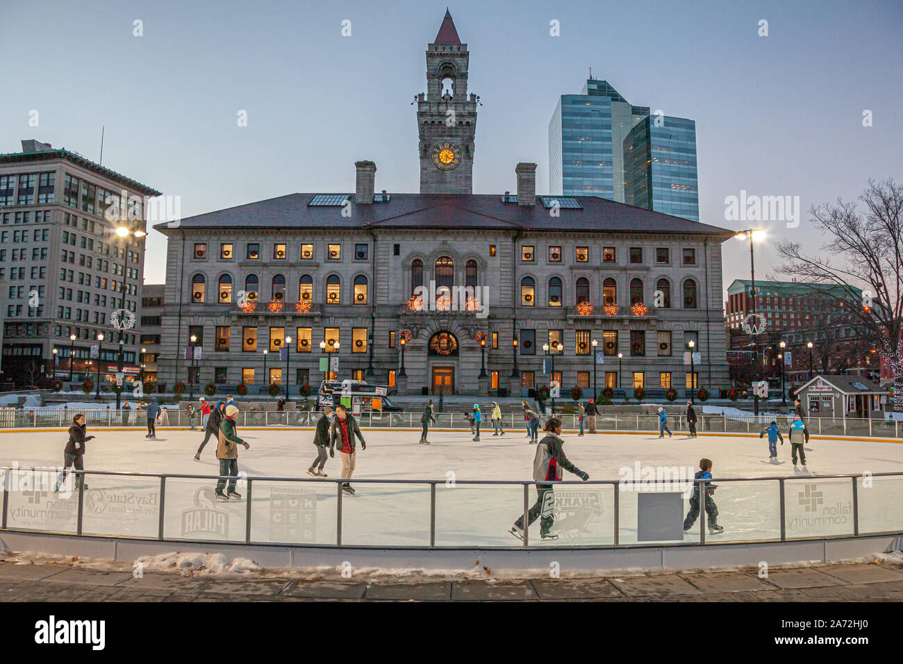 People skating on the skating rink at the Worcester Common Stock Photo ...
