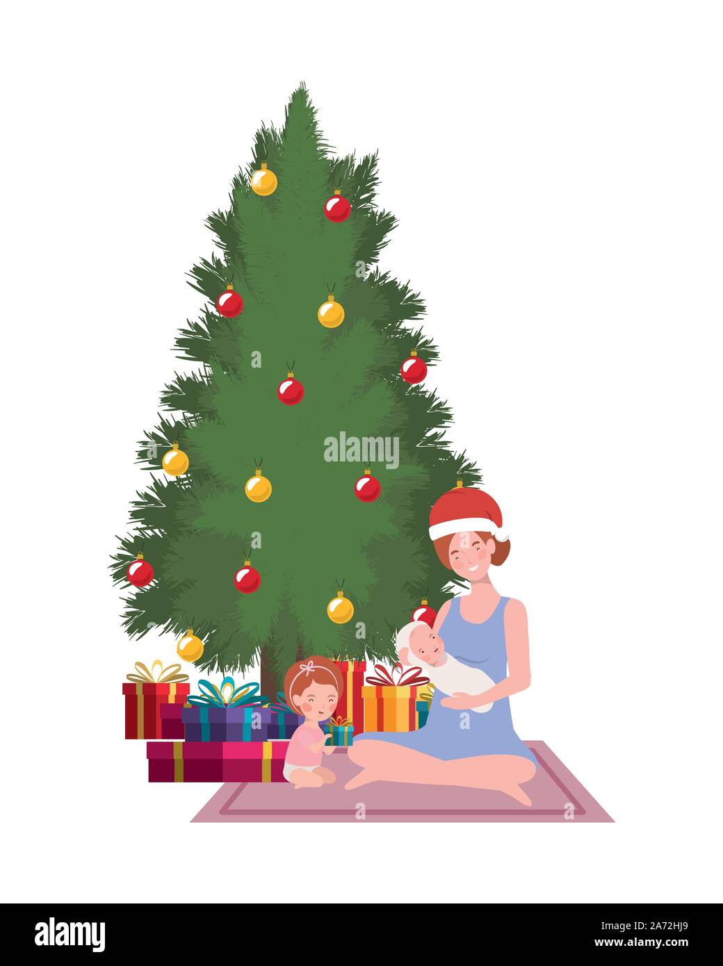 mother and babies with pine tree christmas celebration Stock Vector ...
