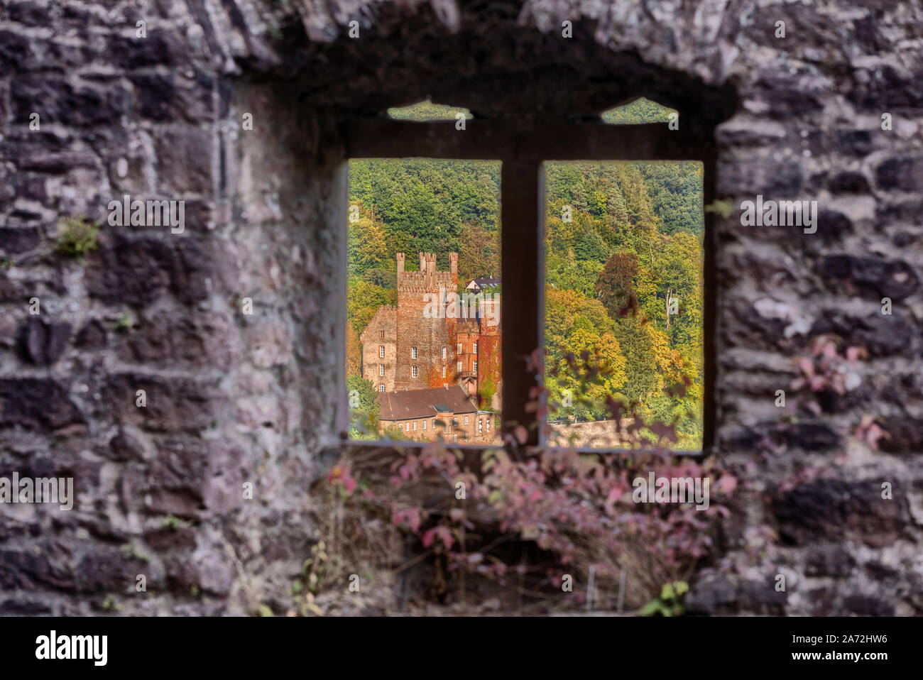 Mittelburg castle at Neckarsteinach seen through a window of the castle ...
