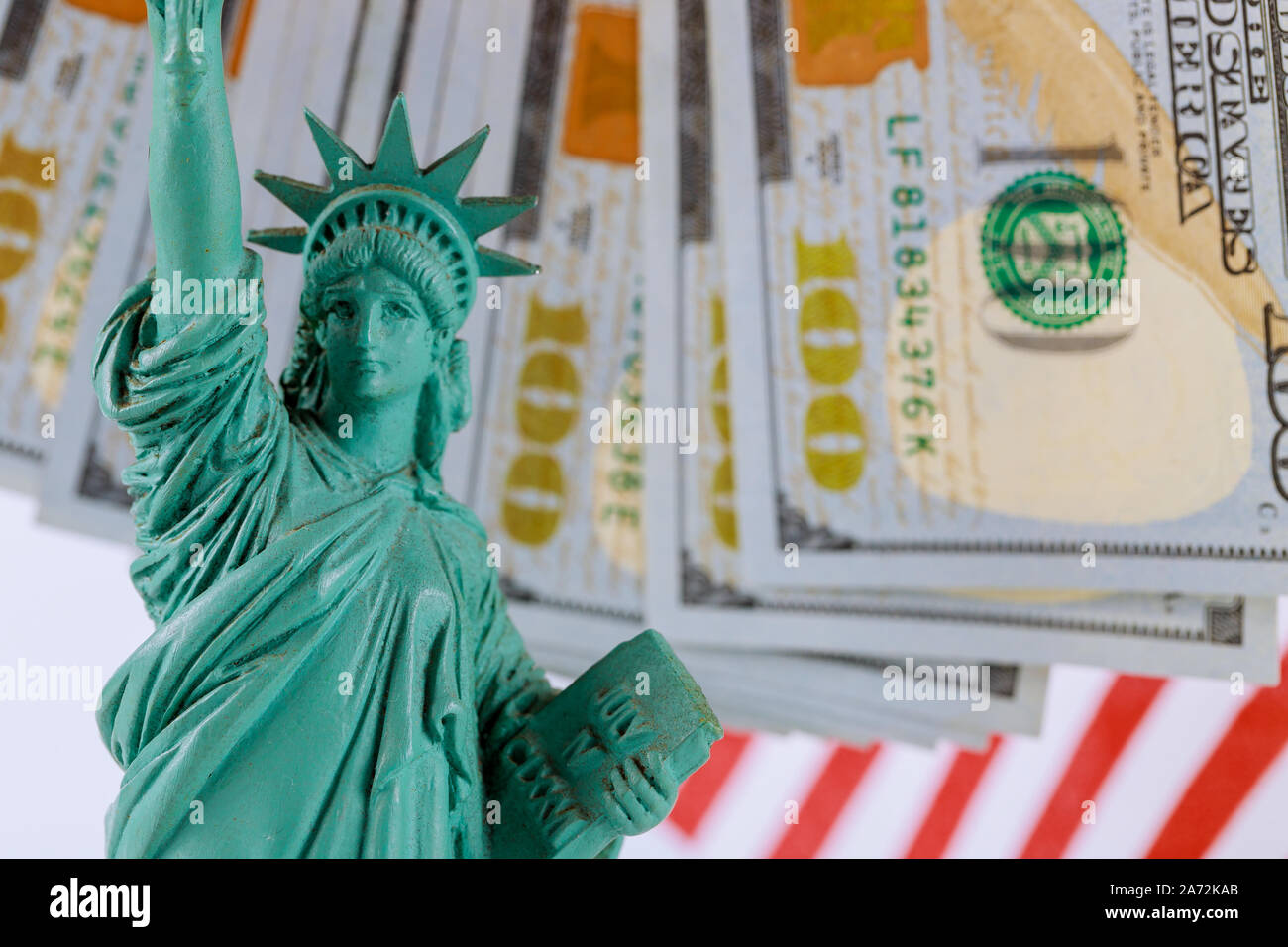 Closeup of Statue of Liberty on the background money american hundred ...