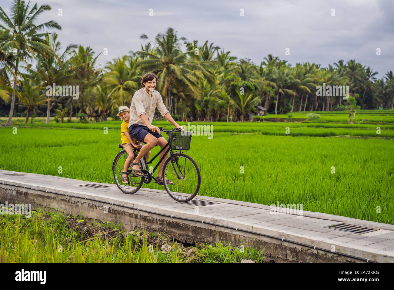 Father and son ride a bicycle on a rice field in Ubud, Bali. Travel to ...