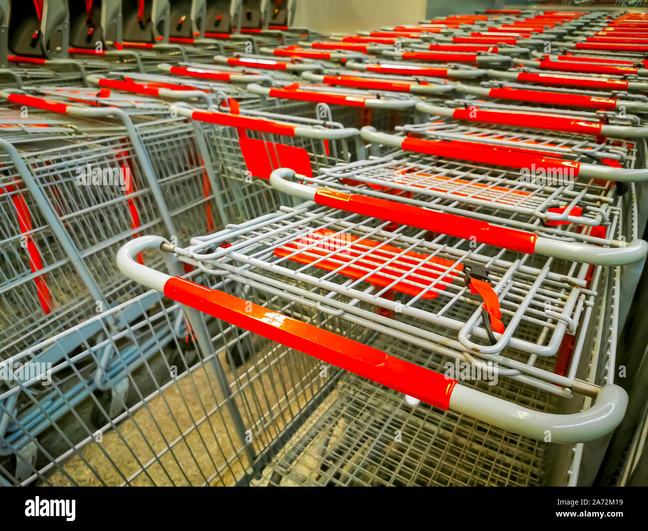 Supermarket Carts. Several rows of supermarket carts. high angle Stock ...